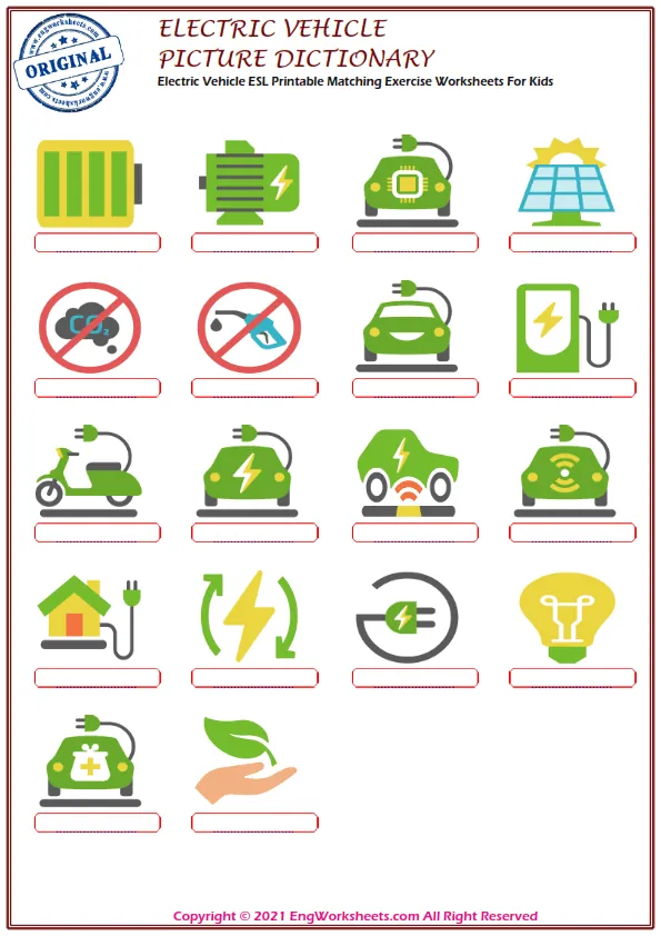 Electric Vehicle ESL Printable Matching Exercise Worksheets For Kids ...