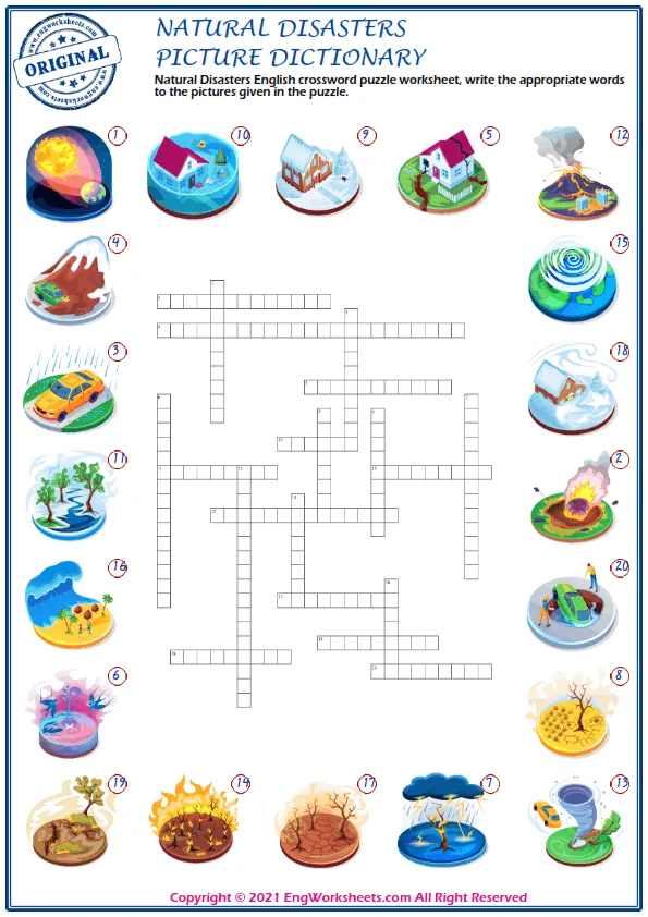 Natural Disasters English word search puzzle worksheet, find the given ...