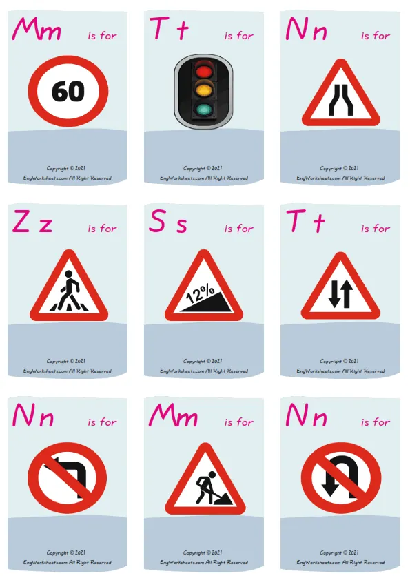 Wordless Road Signs vocabulary worksheet with nine images per page ...
